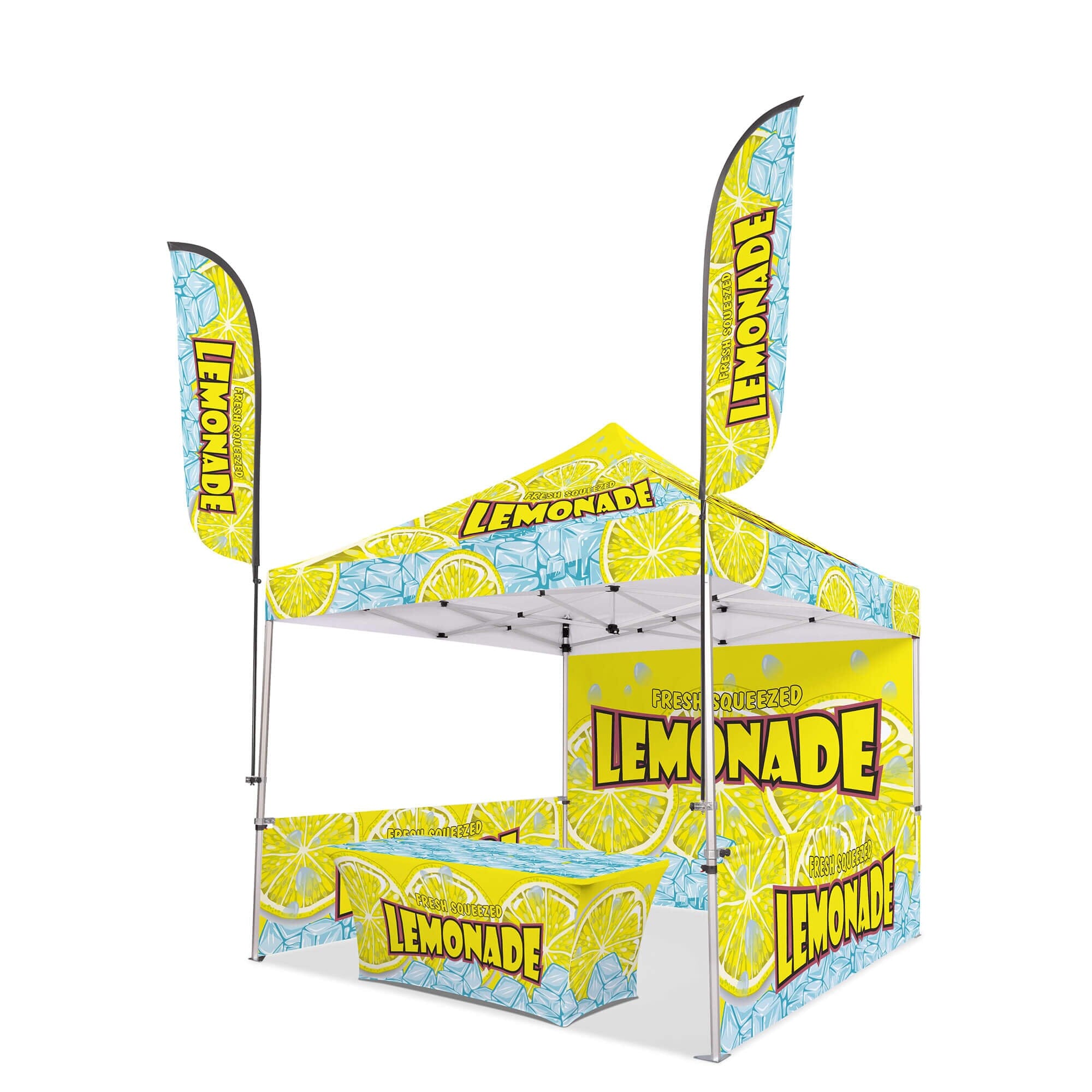 Custom Tent with Back, Side Walls, Feather Flags & Table Cover | LookOurWay